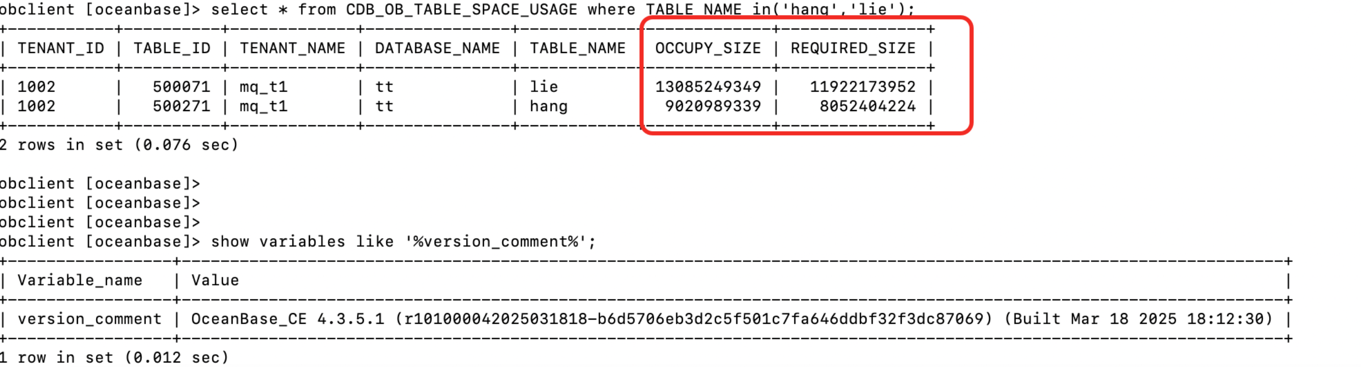 CDB_OB_TABLE_SPACE_USAGE 查询的 OCCUPY_SIZE 比 REQUIRED_SIZE 大-OceanBase数据库使用指南