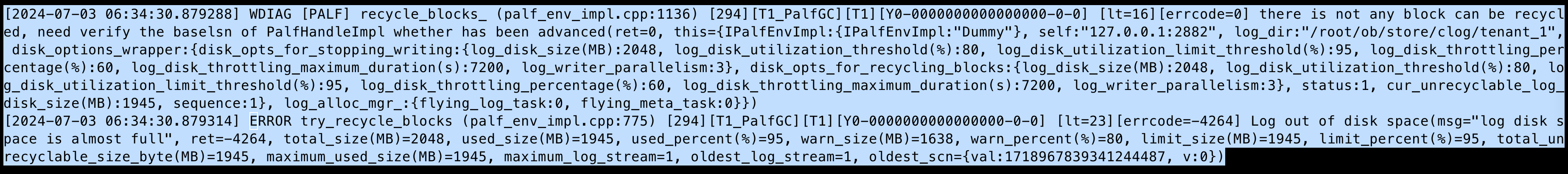 如何解决 Log out of disk space 问题-OceanBase数据库使用指南