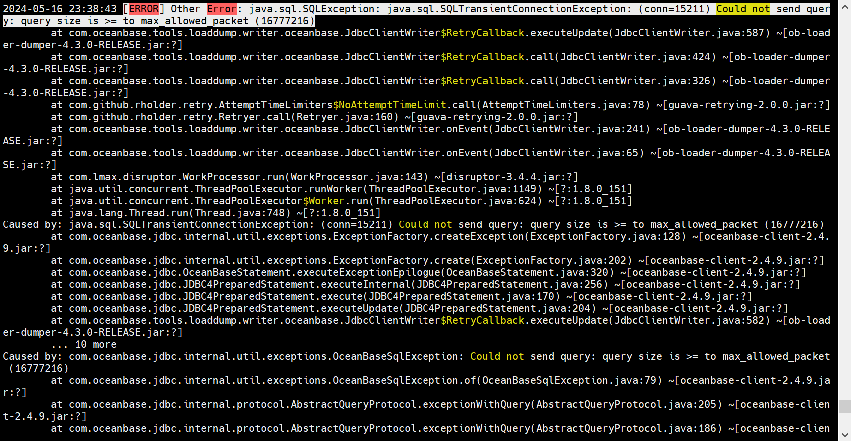 使用 OBLOADER 导入 LOB 字段时遇到 MaxAllowedPacketException 报错的原因和解决方法-OceanBase数据库使用指南